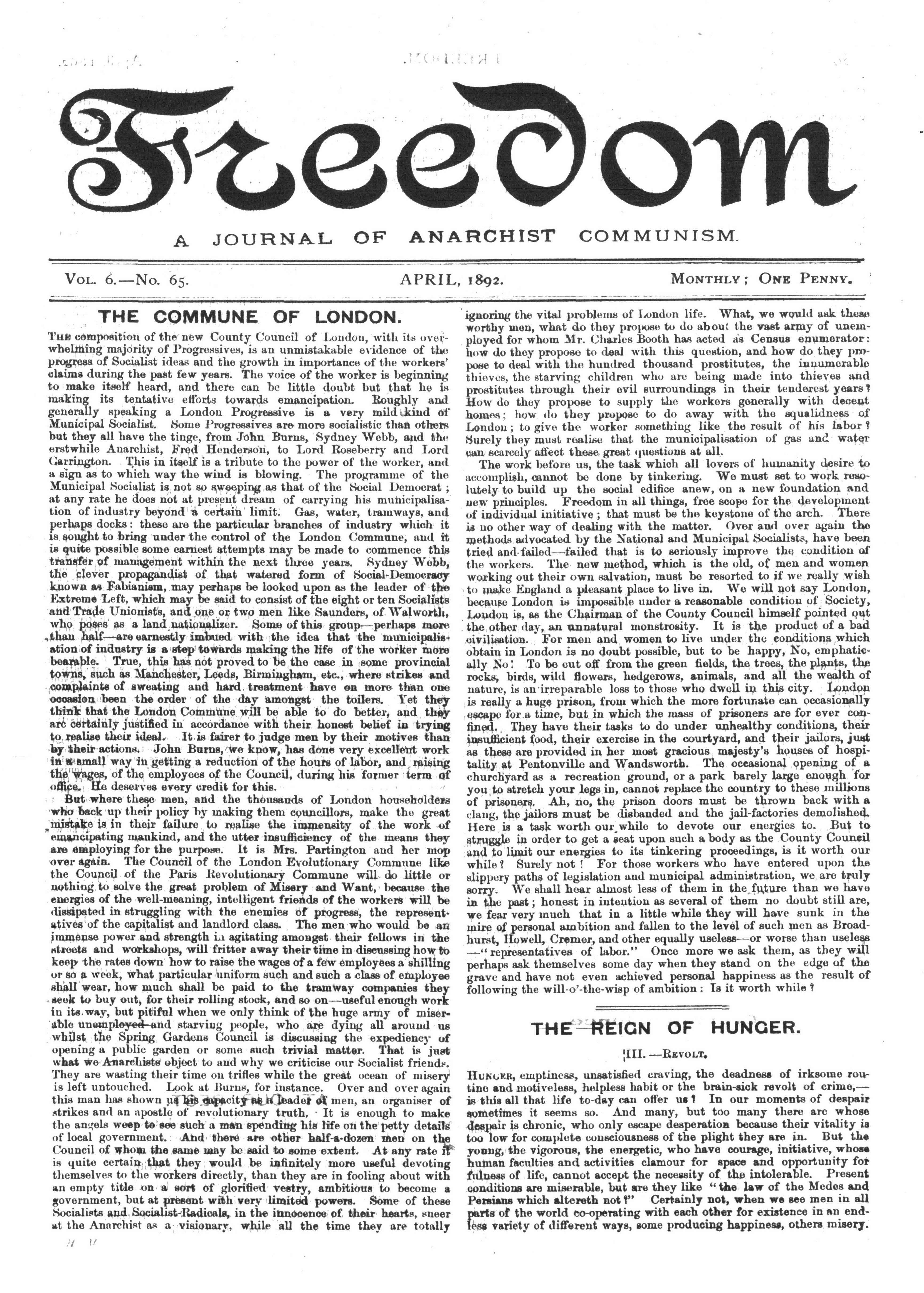 Freedom vol 6. no 65 (April 1892) | libcom.org